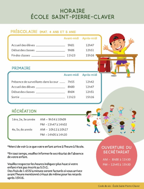 Horaire de l'école - 2025-2026 | École Saint-Pierre-Claver